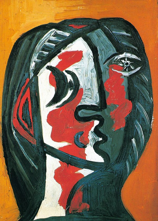 Pablo Picasso 1926 Te de femme en gris et rouge sur fond ocre