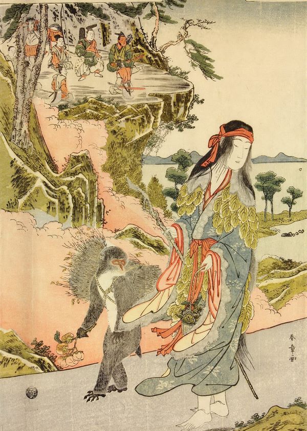 Katsukawa Shuncho Yamamba Is On The Coastal Road With A Monkey Carrying A Bundle Of Firewood