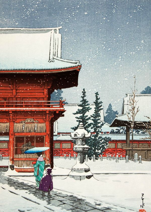 Hasui Kawase Snow at the entrance of Benten Shrine