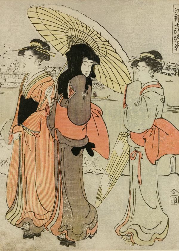 Katsukawa Shuncho Three Girls With Umbrellas Walking In A Snowy Day On The Bank Of The Sumida River