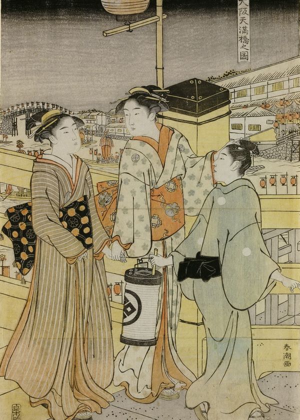 Katsukawa Shuncho Two Girls And A Maid With A Lantern On The Bridge In Osaka Topic