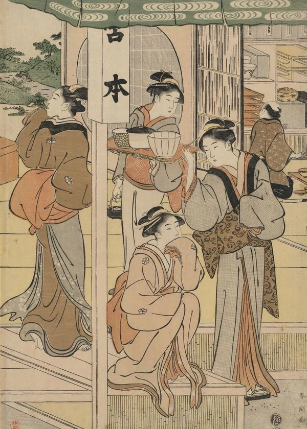 Katsukawa Shuncho Triptych Preparing For A Party