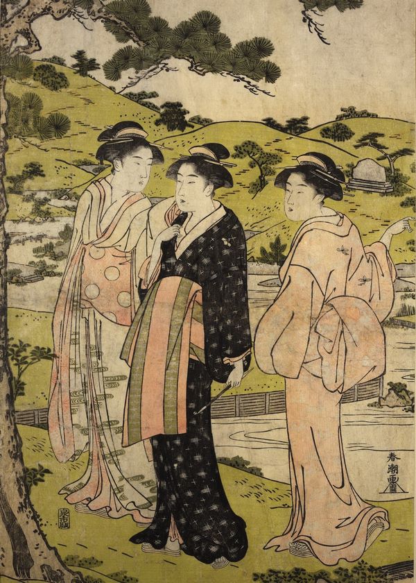 Katsukawa Shuncho Part Triptych Of Women And Girls Going Into The Temple Of Inari