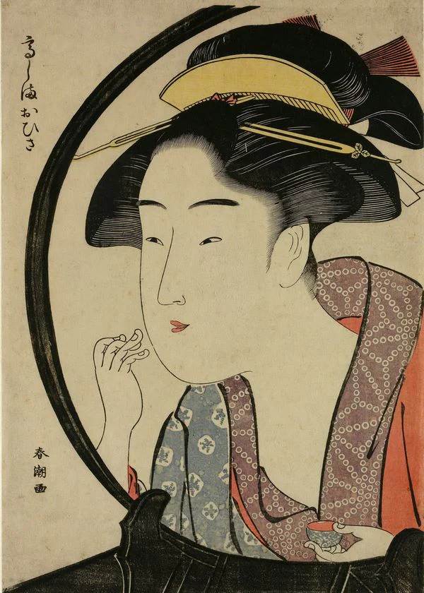 Katsukawa Shuncho Reflection In The Mirror Girls Face From The Tea House Saburo O Hisy