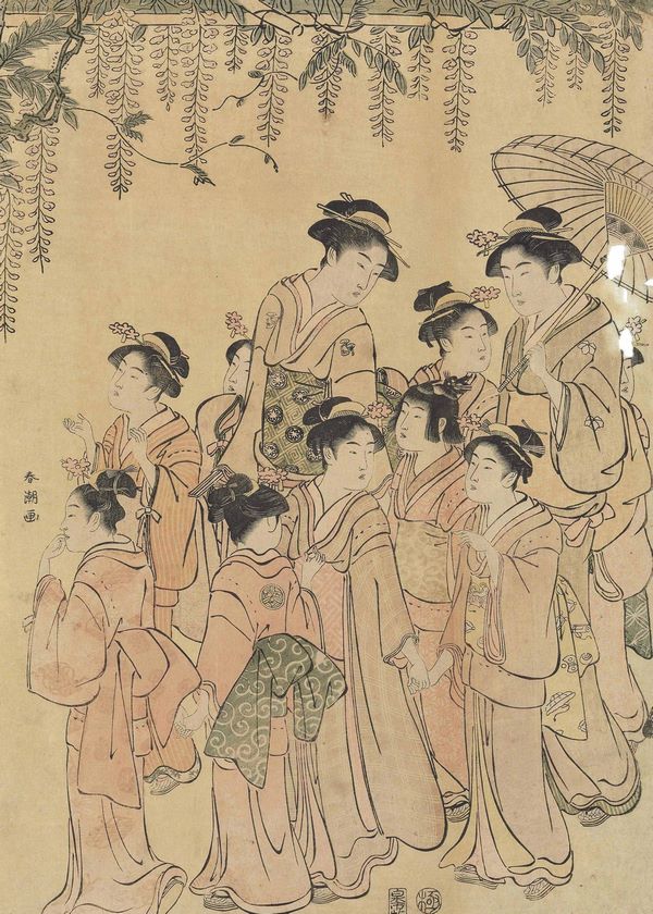 Katsukawa Shuncho Triptych Procession Of Men And Women Going To The Temple Under A Wisteria Trellis