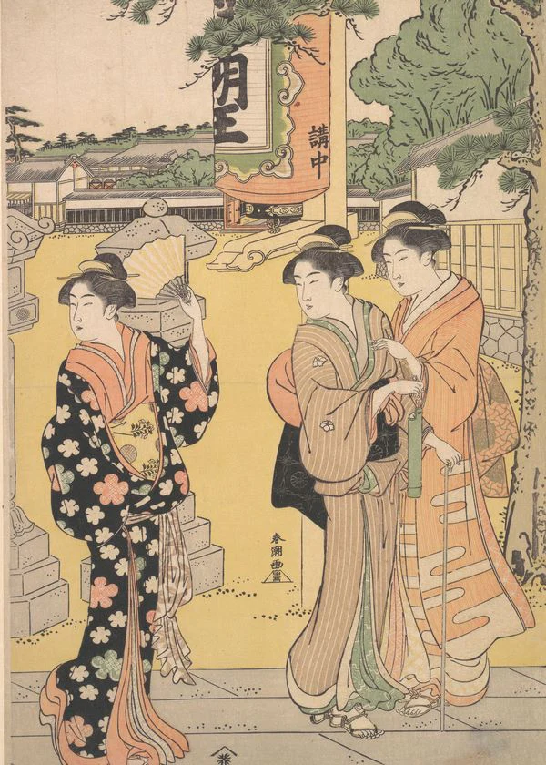 Katsukawa Shuncho Visit The Temple Triptych Fude