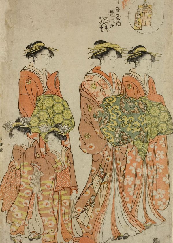Katsukawa Shuncho Courtesan Choji Uchi Makinoto Two Komuro And Two Geisha