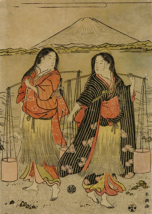 Katsukawa Shuncho The Meeting Of Two Rural Girls Wearing Salt On The Beach