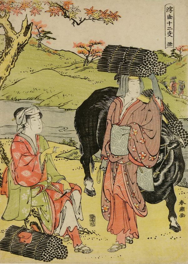 Katsukawa Shuncho Two Girls With Fagots Under A Maple Tree And Bull