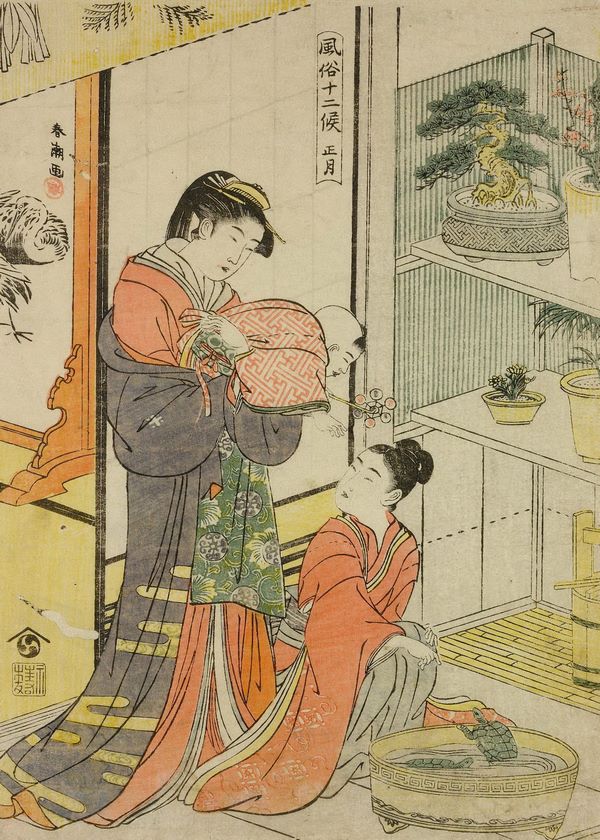 Katsukawa Shuncho Month 1st Mother With Two Children And Turtles In A Tub On Polu