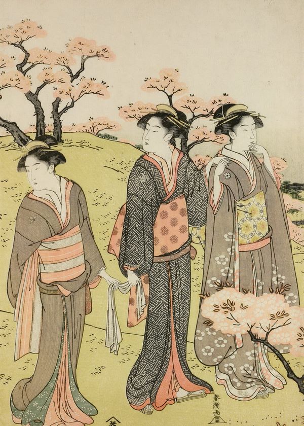 Katsukawa Shuncho Three Young Women Walking Among The Cherry Trees On The Hill Akayama