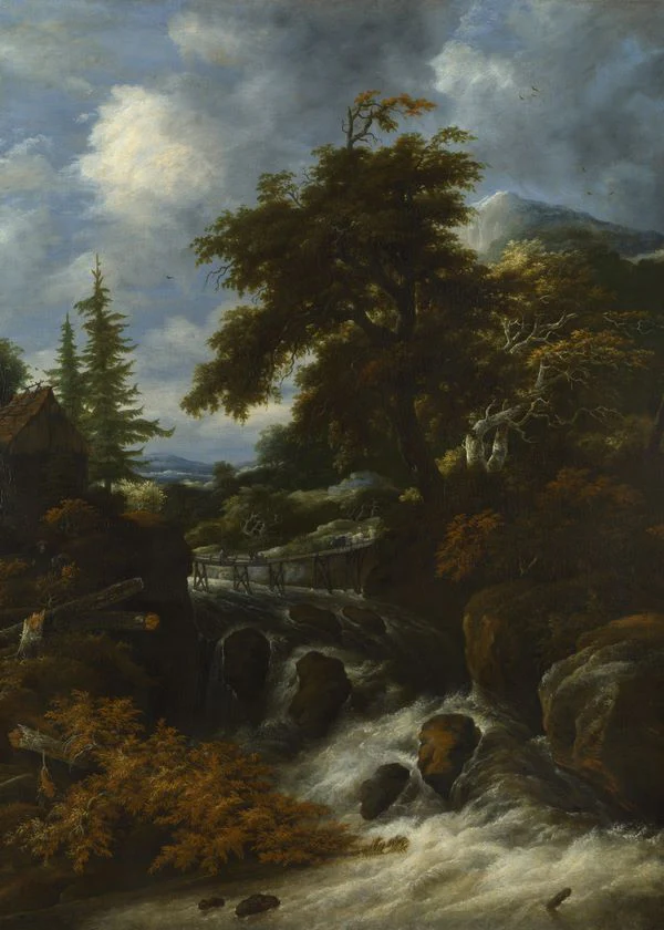 Salomon Jacobsz van Ruysdael A Waterfall by a Cottage in a Hilly Landscape