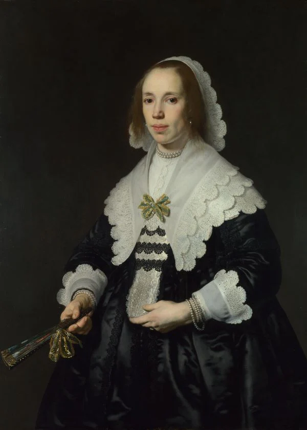 Bartholomeus van der Helst Portrait of a Lady in Black Satin with a Fan