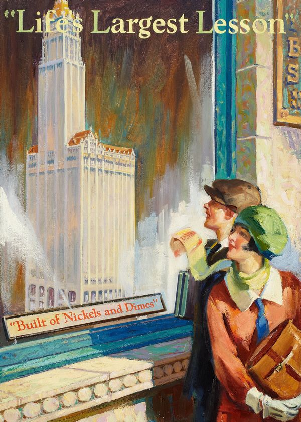 Lifes largest lesson built of nickels and dimes bank ad illustration