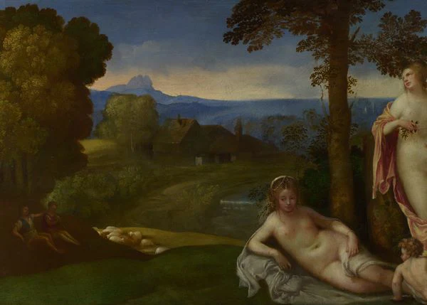 Giorgione, Nymphs and Children in a Landscape with Shepherds