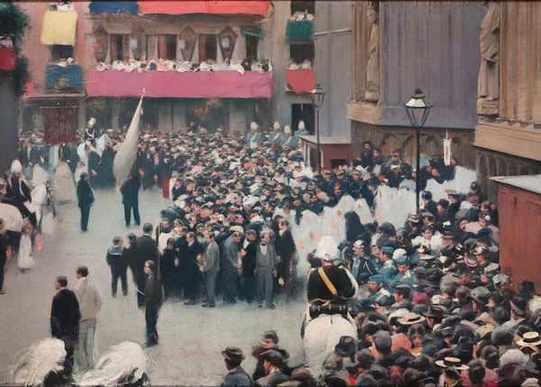 Casas i Carbo, Ramon, Procession on the Feast of the Body of Christ leaves the church of Santa Maria del Mar