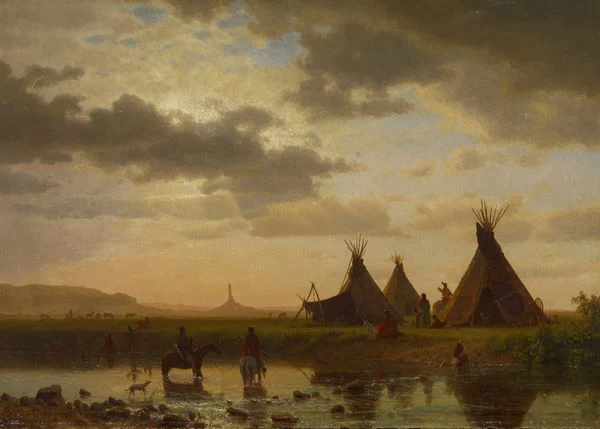 Albert Bierstadt, View of Chimney Rock, Ohalilah Sioux Village in the Foreground