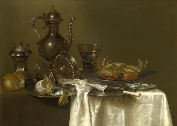 Willem Claesz Heda, Still Life, Pewter and Silver Vessels and a Crab
