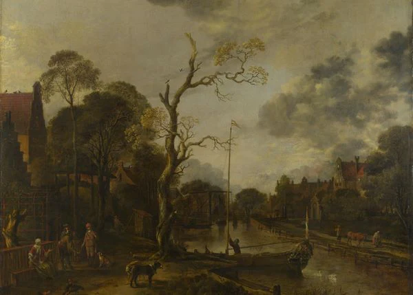 Aert van der Neer, A View along a River near a Village at Evening