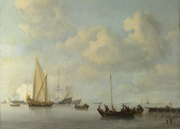 Willem van de Velde, Boats pulling out to a Yacht in a Calm