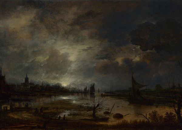 Aert van der Neer, A River near a Town, by Moonlight