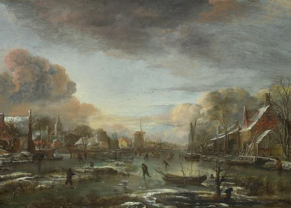 Aert van der Neer, A Frozen River by a Town at Evening