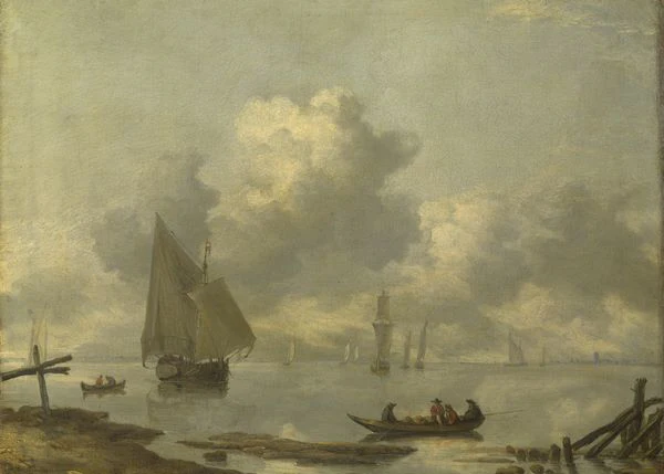 Jan van de Cappelle, Vessels in Light Airs on a River near a Town