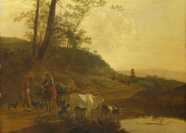 Jan Both, Men with an Ox and Cattle by a Pool