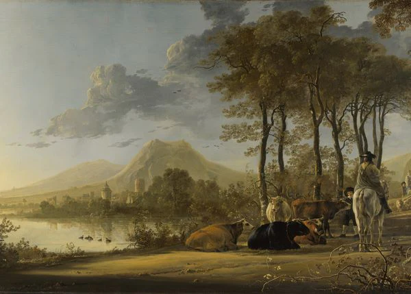 Aelbert Cuyp, River Landscape with Horseman and Peasants