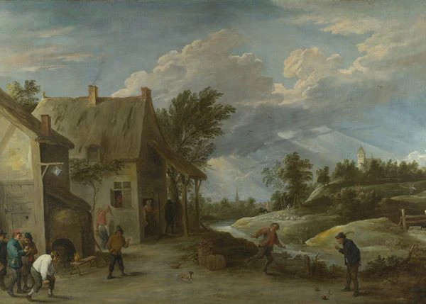 Teniers the Younger, David, Peasants playing Bowls outside a Village Inn