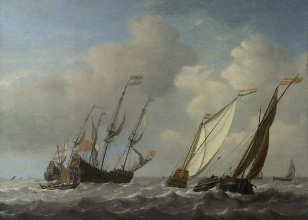 Willem van de Velde, A Dutch Ship, a Yacht and Smaller Vessels in a Breeze