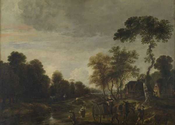 Aert van der Neer, An Evening Landscape with a Horse and Cart by a Stream