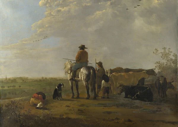 Aelbert Cuyp, A Landscape with Horseman, Herders and Cattle