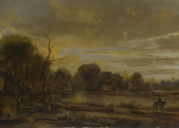 Aert van der Neer, A River Landscape with a Village