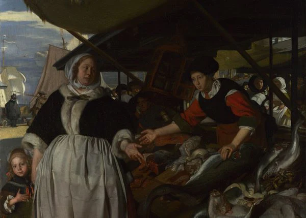 Emanuel de Witte, Adriana van Heusden and Daughter at the Fishmarket