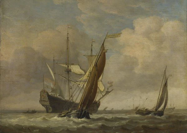 Willem van de Velde, Two Small Vessels and a Dutch Man of War in a Breeze