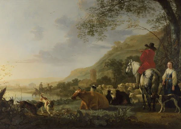 Aelbert Cuyp, A Hilly Landscape with Figures