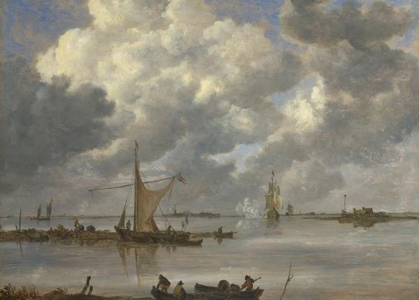 Jan van Goyen, An Estuary with Fishing Boats and Two Frigates