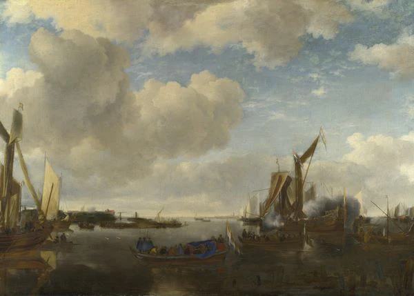 Jan van de Cappelle, A River Scene with a Dutch Yacht firing a Salute