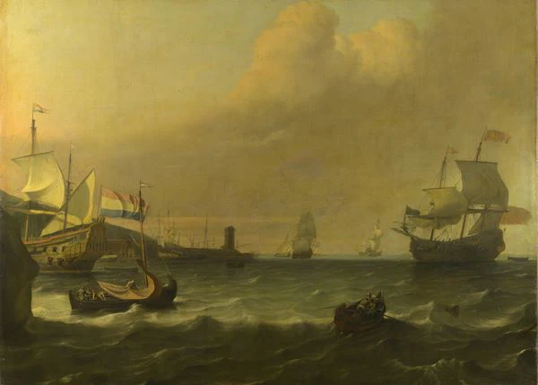 Ludolf Bakhuizen, Dutch Men of war entering a Mediterranean Port