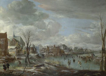 Aert van der Neer, A Frozen River near a Village, with Golfers and Skaters