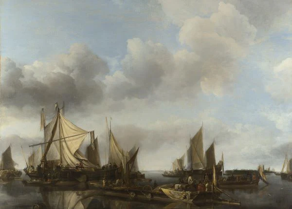 Jan van de Cappelle, A River Scene with a Large Ferry