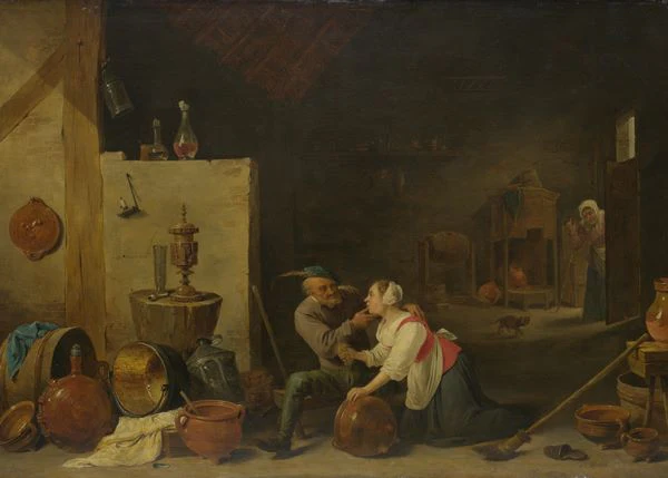 Teniers the Younger, David, An Old Peasant caresses a Kitchen Maid in a Stable