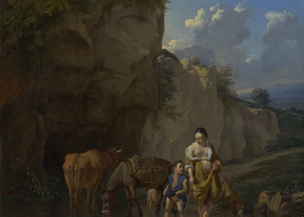 Karel Dujardin, A Woman and a Boy with Animals at a Ford