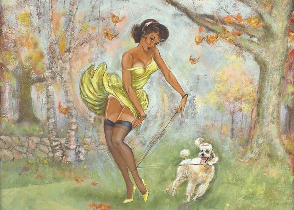 Girl with standard poodle pinup illustration