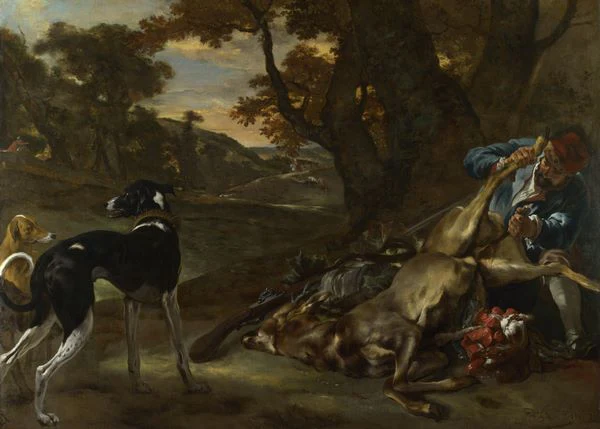 Jan Baptist Weenix, A Huntsman cutting up a Dead Deer, with Two Deerhounds