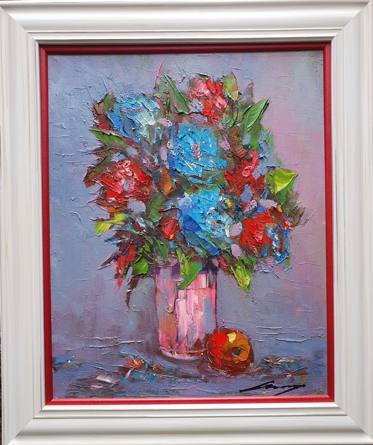 Cveće 1, ulje na platnu, Ivan Vanja Milanovic, sa 64×54 cm, bez 50×40 cm, sertifikat, 14160 dinara