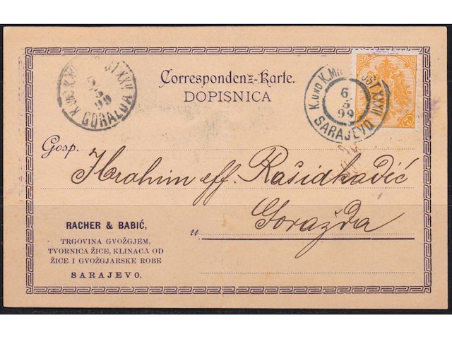Austrougarska BIH 1899 Kuk Vojna posta dopisnica putov
