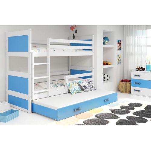Drveni dečiji krevet na sprat Rico sa tri kreveta - beli - plavi - 190x80 cm
