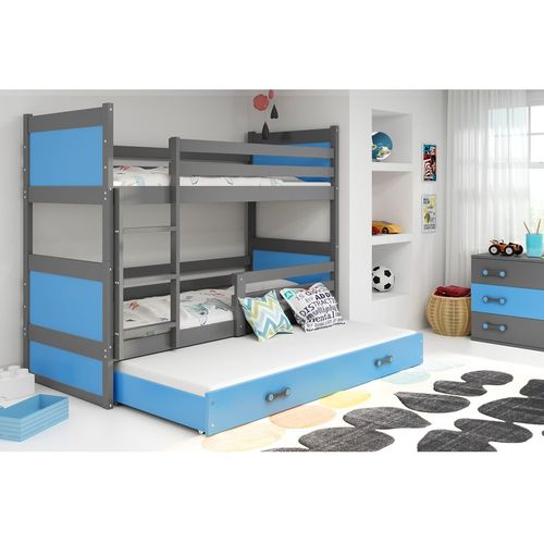 Drveni dečiji krevet na sprat Rico sa tri kreveta - sivi - plavi - 160x80 cm
